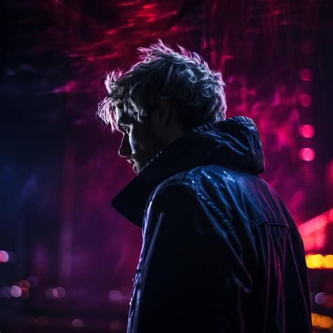 Premium Ai Image A Man In A Black Jacket Standing In Front Of A Red Light