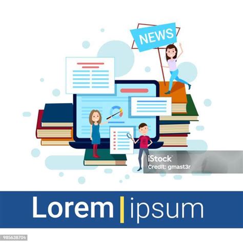 남자 여자 팀 문자 작업 함께 뉴스 미디어 서식 파일 디자인 작업 및 흰색 배경 전체 길이 복사본 공간에 애니메이션에 대 한 교육에 대한 스톡 벡터 아트 및 기타 이미지