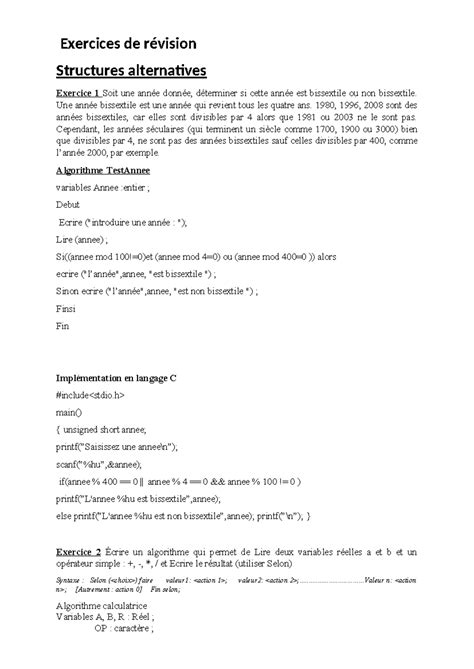 Exercices De Revision Exercices De Révision Structures Alternatives Exercice 1 Soit Une Année