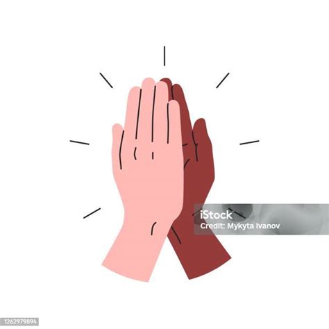 하이 파이브 아이콘 두 손의 벡터 일러스트는 훌륭한 작품을 위해 하이파이브를 제공합니다 하이파이브를 주는 흑백 인종 간 손 사람들 팀은 손 두드리는 제스처를 제공합니다 하이