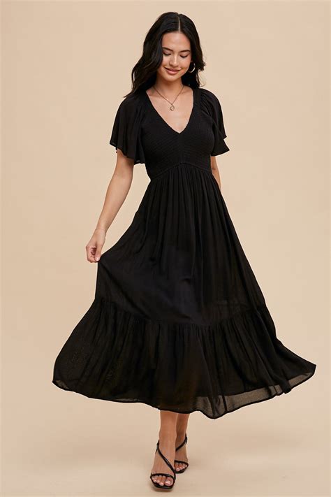 Black Smocked Flutter Sleeve Midi Dress Pinkblush