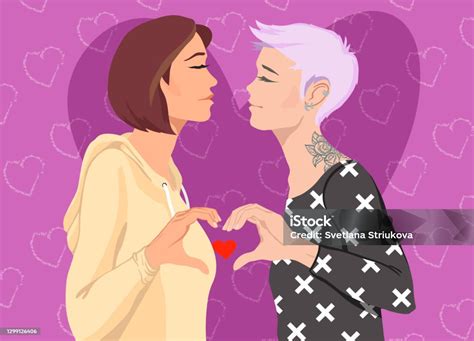 Frauen In Der Liebe Küssen Und Falten Ihre Hände In Form Eines Herzens