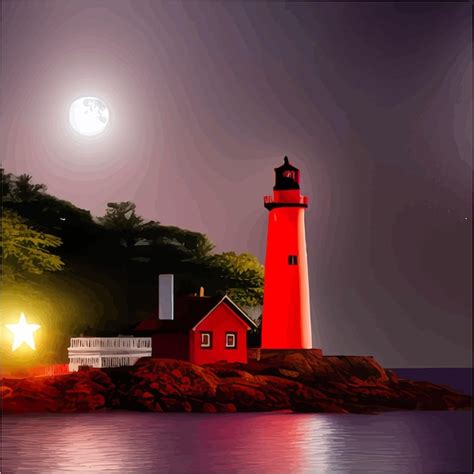 Premium Vector Lighthouse At Night Sea Lighthouse With Moon On Rocky