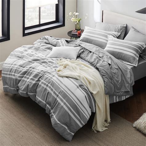 Bedsure Bed In A Bag Queen 7 Pieces Grey White Striped Queen Bed Set