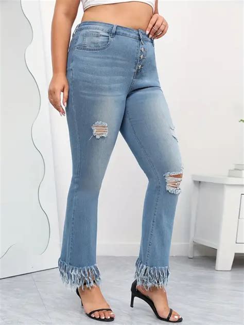 Plus Size Casual Jeans Womens Plus Ripped Washed Button Fly Fringe