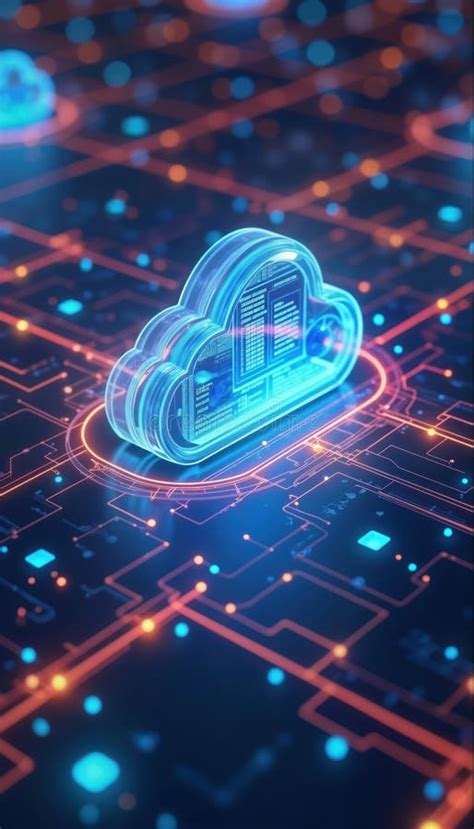 Futuristic Tech Illustration Shows Glowing Cloud Symbol On Circuit Board Data Streams