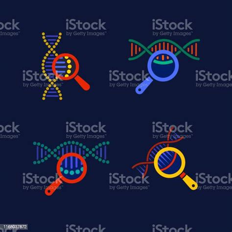 Dna 테스트 아이콘 세트 돋보기 기호의 Dna 사슬 유전 공학 복제 친자 확인 검사 Dna 분석 어두운 배경에 벡터 그림입니다