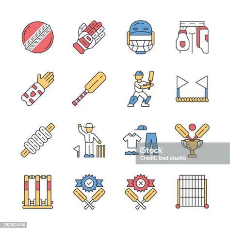 크리켓 챔피언십 컬러 아이콘 세트입니다 스포츠 유니폼 보호 장비 게임 장비 야외 운동 활동 박쥐와 공 팀 게임 경기 준비 격리된 벡터 일러스트레이션 Championship에