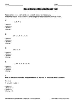 Mean Median Mode And Range Test By Jody Weissler S Teachtopia Network