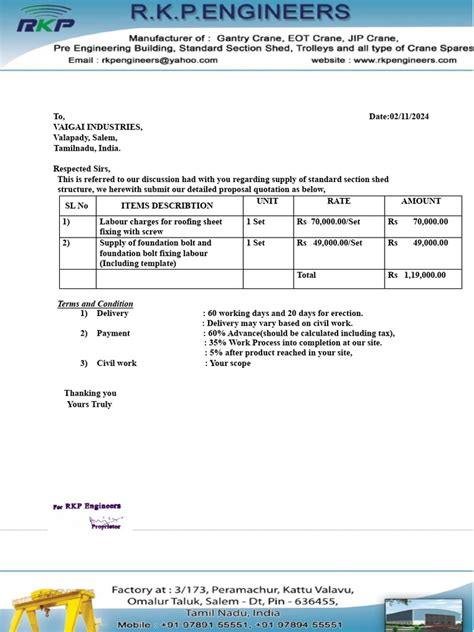 Proposed Std Section Shed Quotation Vaigai Industries 2 Pdf