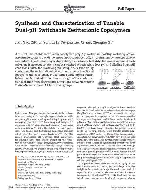 Pdf Synthesis And Characterization Of Tunable Dual Ph Switchable Zwitterionic Copolymers