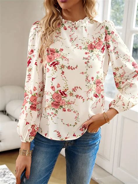 Floral Print Keyhole Blouse Casual Lettuce Trim Lantern Temu