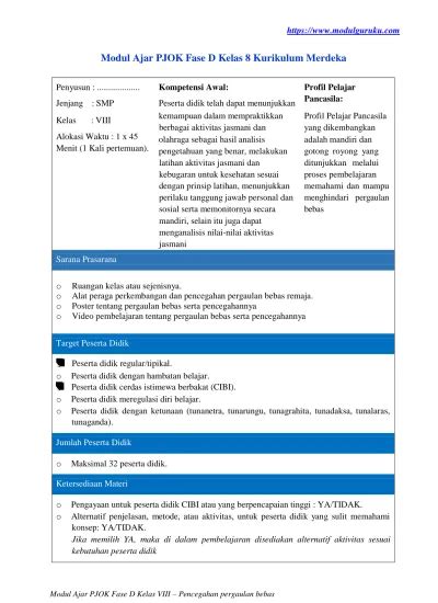 Modul Ajar Pjok Fase D Kelas 8 Kurikulum Merdeka
