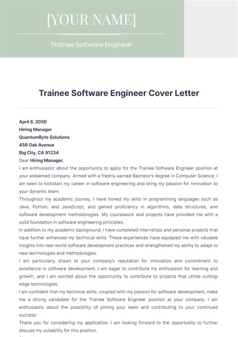 Free Trainee Software Engineer Cover Letter Template To Edit Online