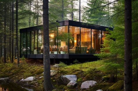 A Cabin With Modern Glass Walls Amidst Dense Woods Stock Image Image