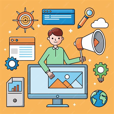 Premium Vector A Cartoon Of A Man Working On A Computer With A Megaphone