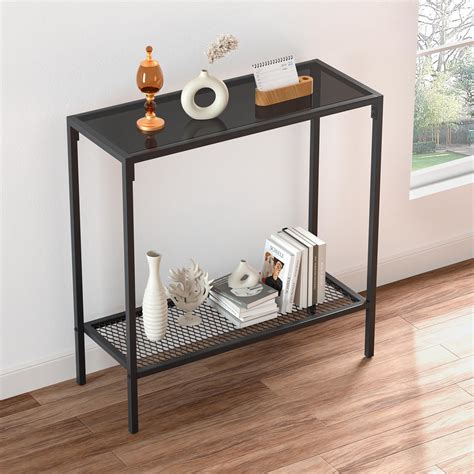Saygoer Black Console Table Glass Small Entryway Table Narrow Sofa