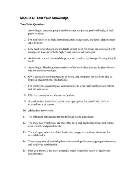 Motivation Leadership Test True False Multiple Choice