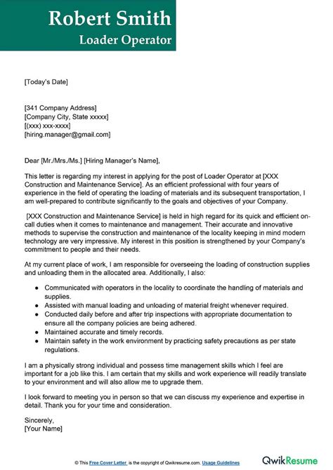 Loader Operator Cover Letter Examples Qwikresume
