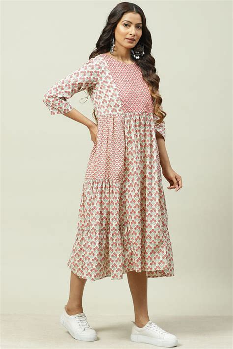 Cream Cotton Flared Printed Kurta Dress At Biba India