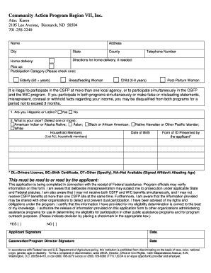 Fillable Online CSFP Application For ParticipationSeptember 2010 Doc