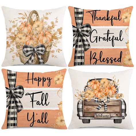 Fall Pillow Covers 18x18 Inch Set Of 4 Stripes Polka Dots Buffalo Plaid