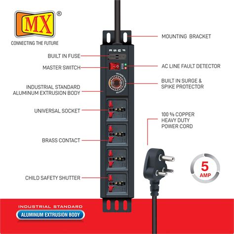 Mx 4 Outlet Power Distribution Unit With Universal Socket And Spike Protector 5 Mtr Power Cord