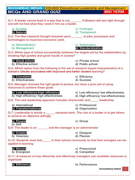 Edu602 Educational Leadership And Management Mcqs Grand Quiz Mid Term