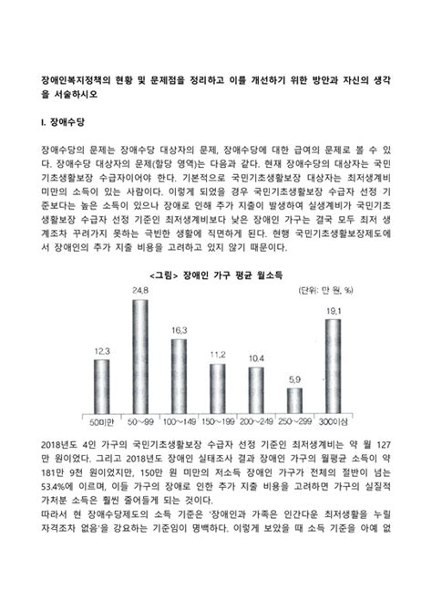 장애인복지정책의 현황 및 문제점을 정리하고 이를 개선하기 위한 방안과 자신의 생각을 서술하시오 사회과학