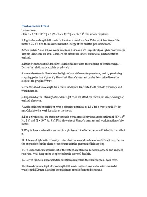 Photoelectric Effect Question Paper Pdf Photoelectric Effect Electronvolt