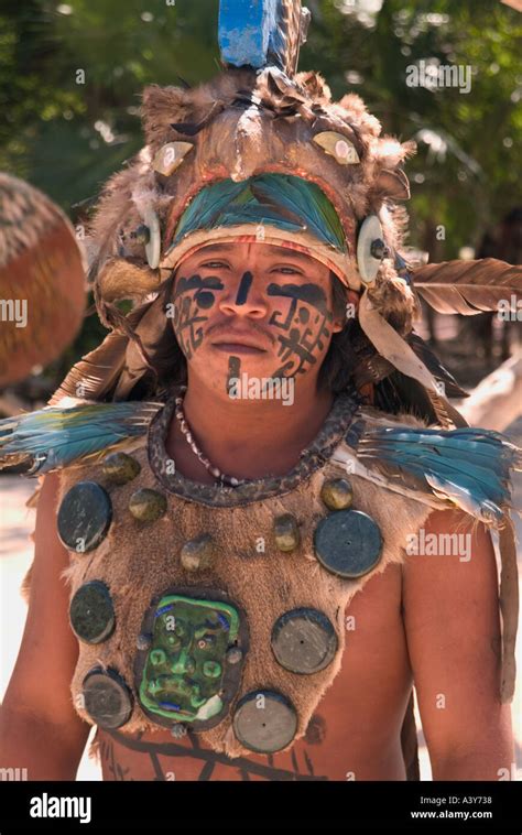 Portrait Male Mayan Warrior In Dress Costume Riviera Maya Mexico Stock