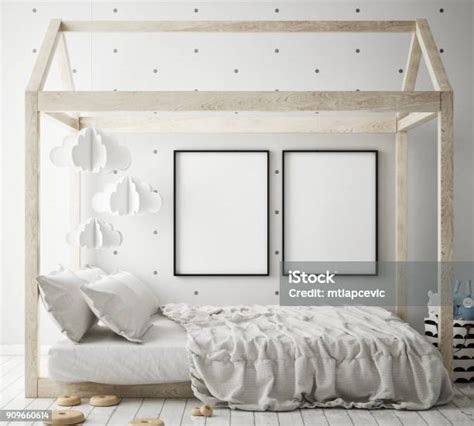 어린이 침실 스칸디나비아 스타일 인테리어 배경 3d 렌더링 포스터 프레임을 모의 아기방에 대한 스톡 사진 및 기타 이미지