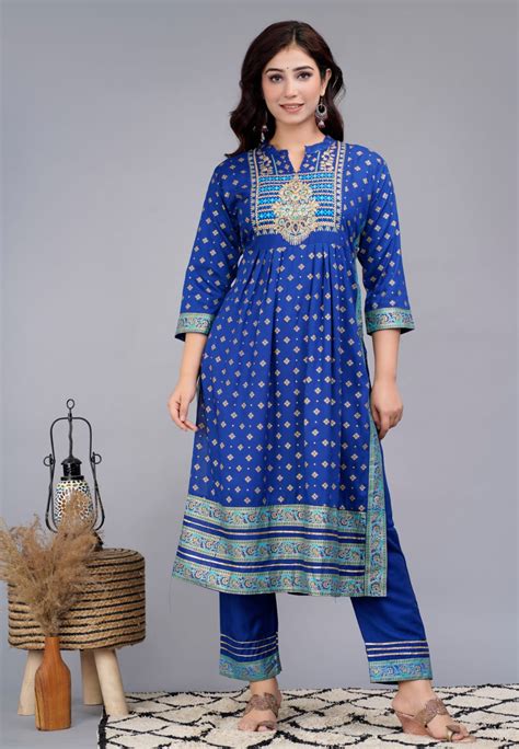 Blue Nayra Cut Readymade Ethnic Salwar Kameez Dupatta Kurti Pant Set