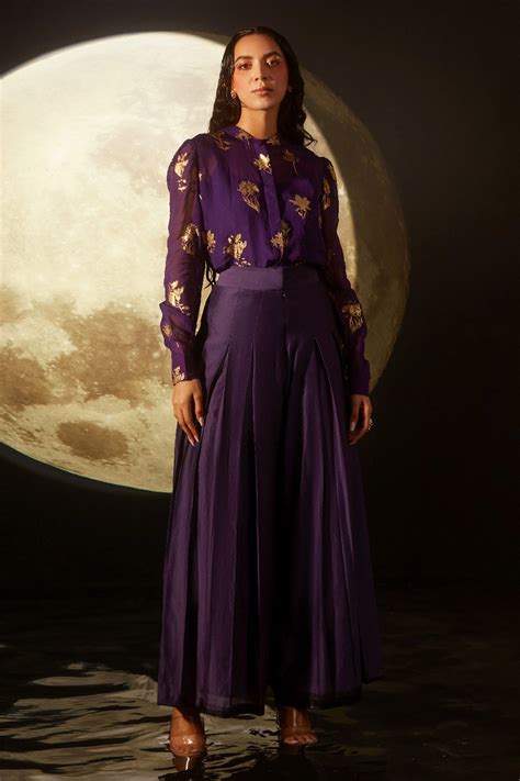 Buy Purple Shirt Organza Foil Print Floral Mandarin Collar And Pant Set For Women By Dohr India