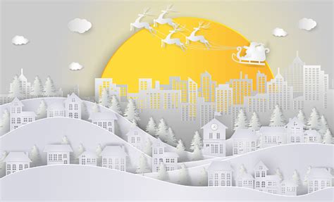 크리스마스 그리고 새 해입니다 산타 클로스와 순 록 하늘에 큰 달 도시에 오는 최소한의 개념입니다 메리 크리스마스 카드입니다 겨울 눈 예술과 공예 스타일 종이 벡터