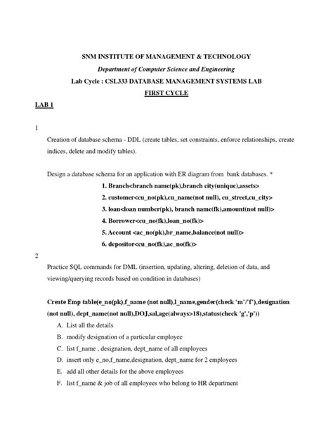 Csl 333 Database Management Systems Lab Cycle Pdf Databases Plsql