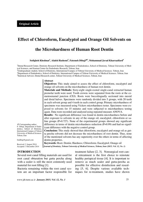 Pdf Effect Of Chloroform Eucalyptol And Orange Oil Solvents On The Microhardness Of Human