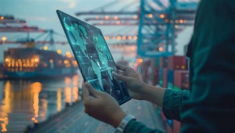 Businessman Holding Virtual Interface Panel Of Global Logistics Network Distribution And