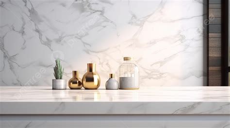 D Rendering Of A Decorative Kitchen Counter With Marble Countertop And Empty Space Photo And