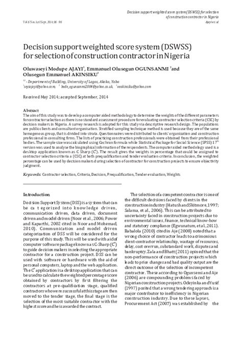 Pdf Weighted Score System For Contractor Selection In Nigeria