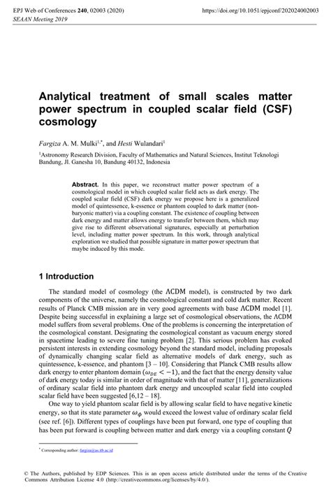 Pdf Analytical Treatment Of Small Scales Matter Power Spectrum In Coupled Scalar Field Csf
