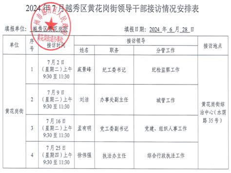 2024年7月越秀区黄花岗街领导干部接访情况安排表