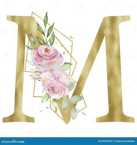 Letra De Color De Agua Floral Letra Dorada M Con Rosas Imagen De