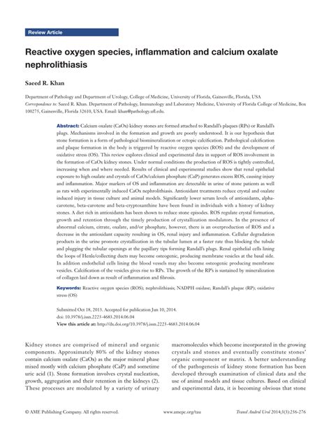 Pdf Reactive Oxygen Species Inflammation And Calcium Oxalate