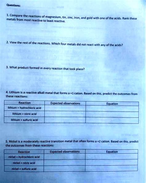 Solved Questions Metals From Most Reactive To Least Reactive 2view The Rest Of The Reactlons