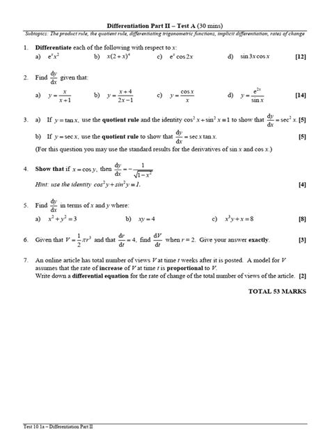 Differentiation Test Product And Quotient Rules Pdf Trigonometric