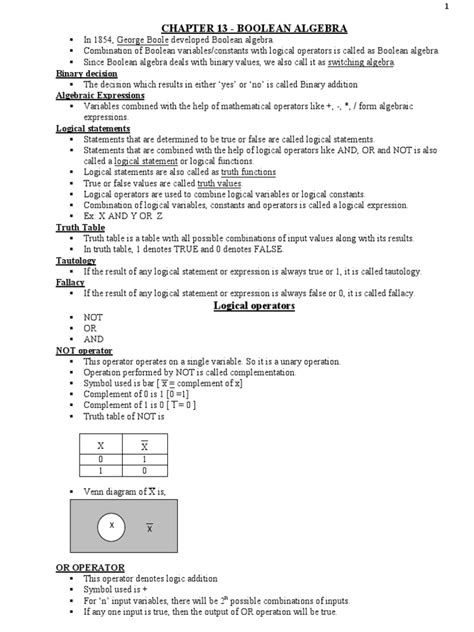 Chapter 13 Boolean Algebra Class 12 2020 Cs Notes Pdf Logic Gate