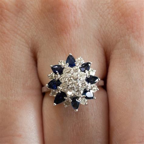 Ladies White Gold Diamond And Sapphire Cocktail Ring Estate Diamond