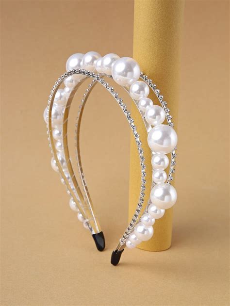 Rhinestone And Faux Pearl Decor Hair Hoop Headband Jewelry Diy Hair