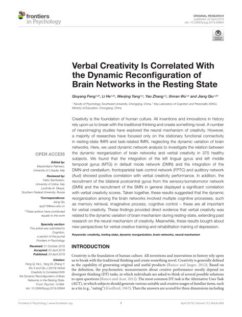 Pdf Verbal Creativity Is Correlated With The Dynamic Reconfiguration